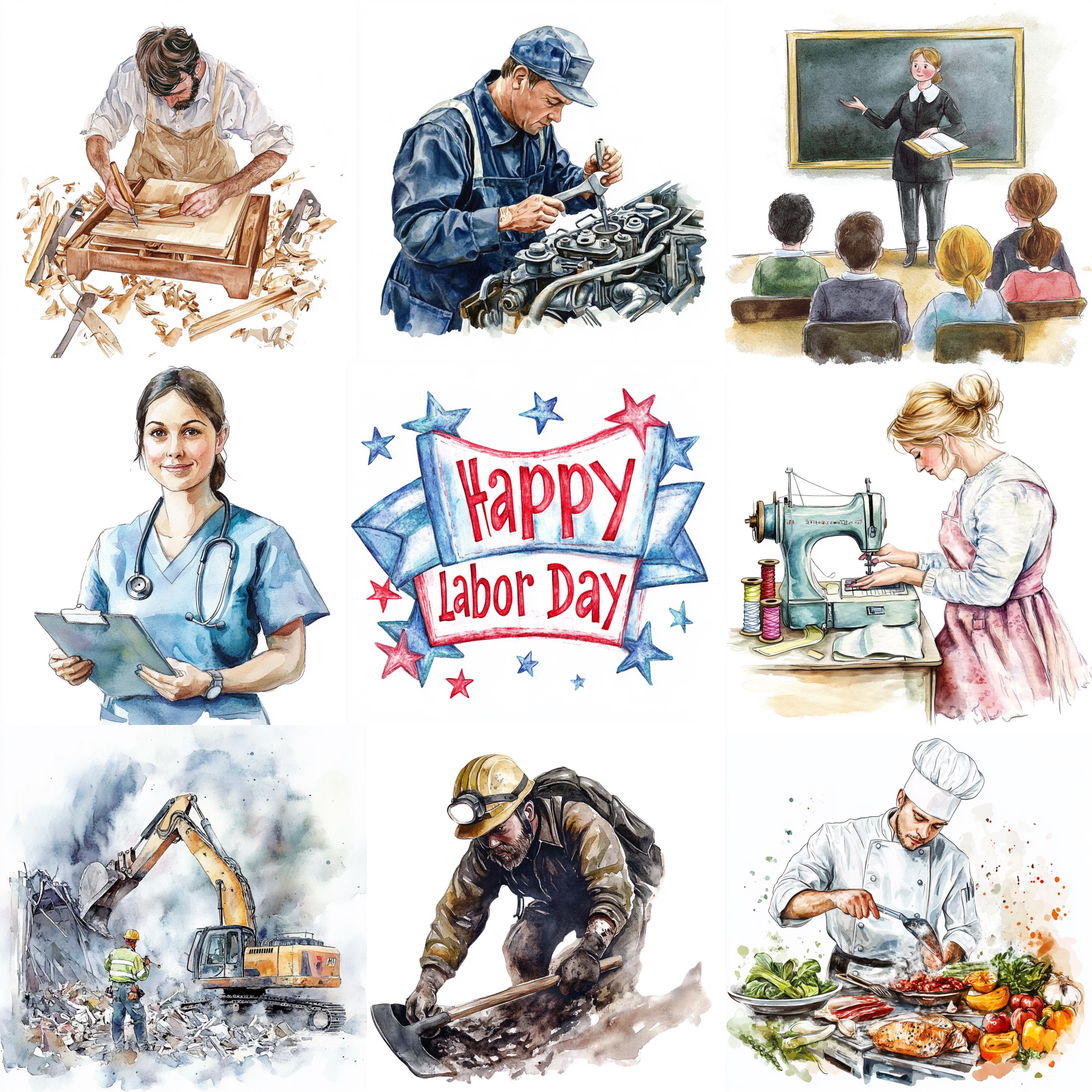 Watercolor Labor Day Clipart Bundle, Happy Labor Day Png Bundle, Labor ...