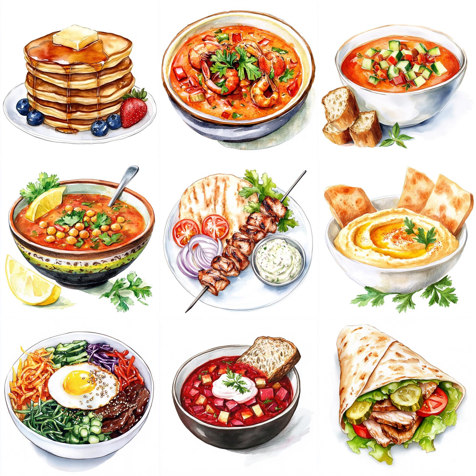 Watercolor Food Clipart Bundle,delicius Meal Png,kids Meal Art,dinner ...