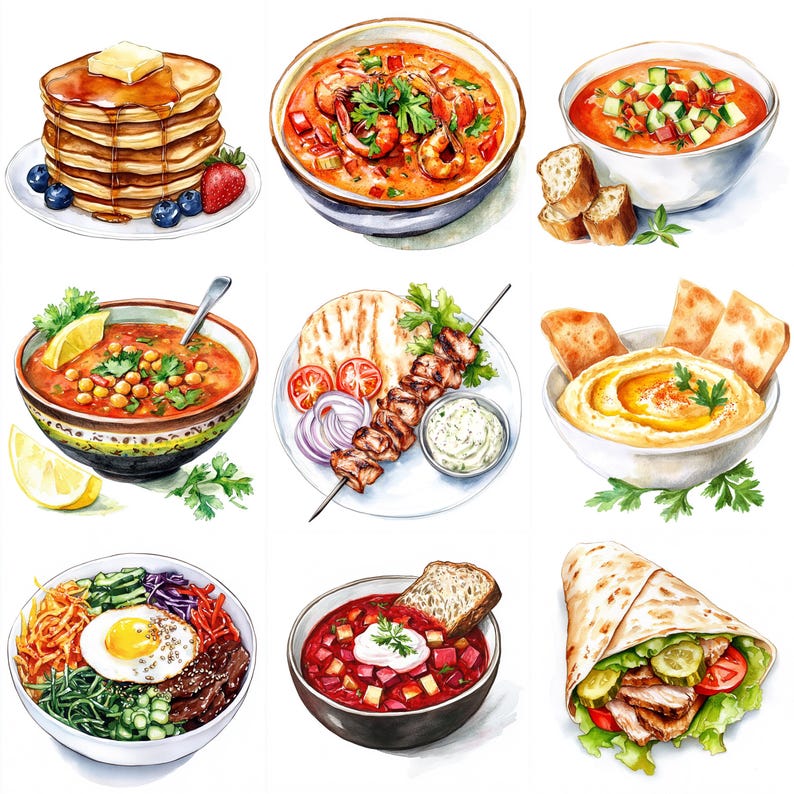 Watercolor Food Clipart Bundle,delicius Meal Png,kids Meal Art,dinner ...