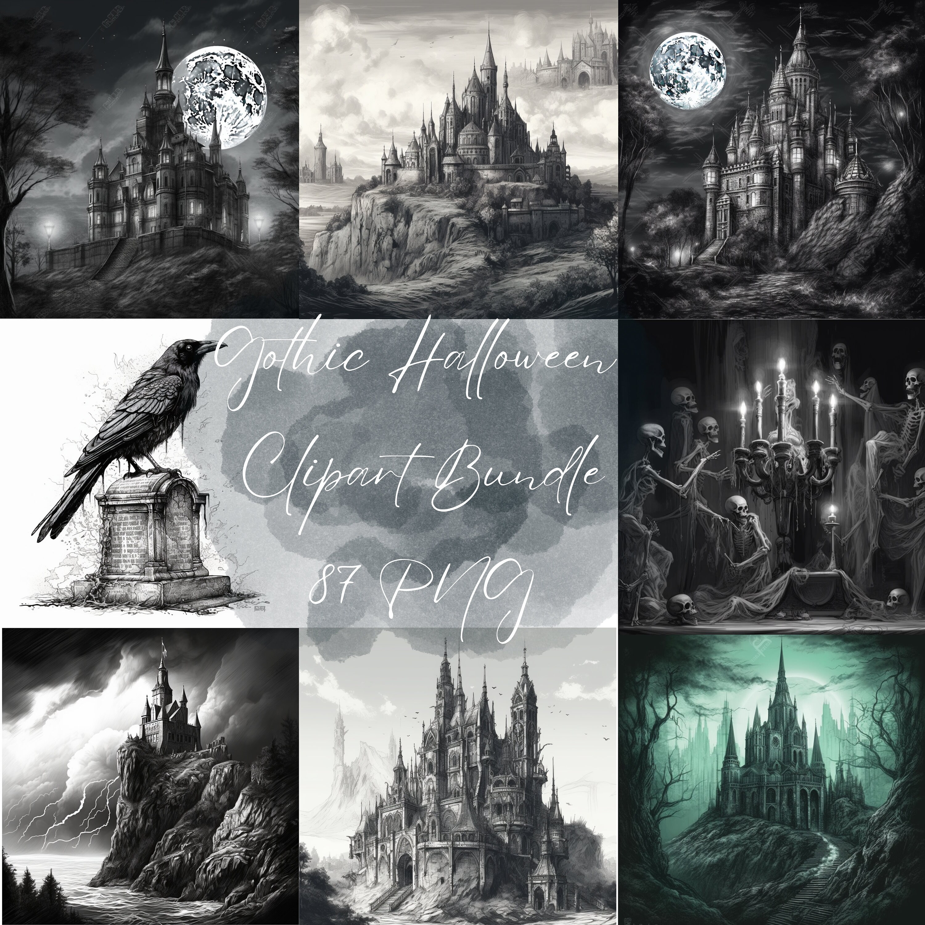 Gothic Halloween Clipart Bundle,gothic Castles Png,scary Castle Png ...
