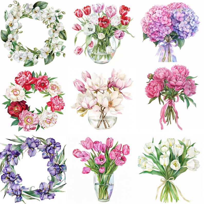 Watercolor Flowers Clipart Png Bundle,red Rose Png Bundle,floral Art ...