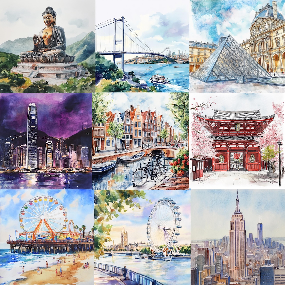 Watercolor Popular Landmarks Clipart Bundle, World Travel Clipart ...