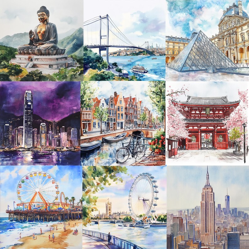 Watercolor Popular Landmarks Clipart Bundle, World Travel Clipart ...