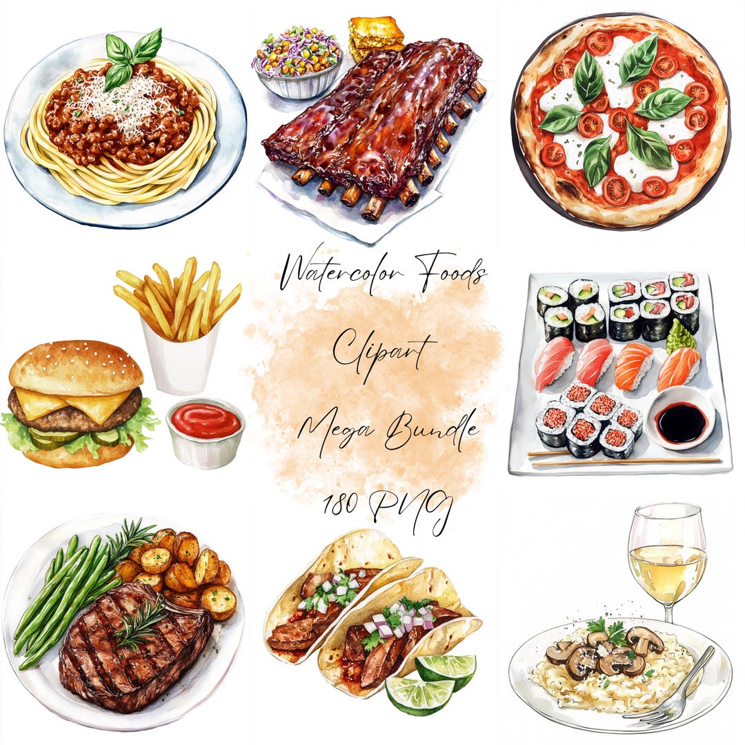 Watercolor Food Clipart Bundle,delicius Meal Png,kids Meal Art,dinner ...