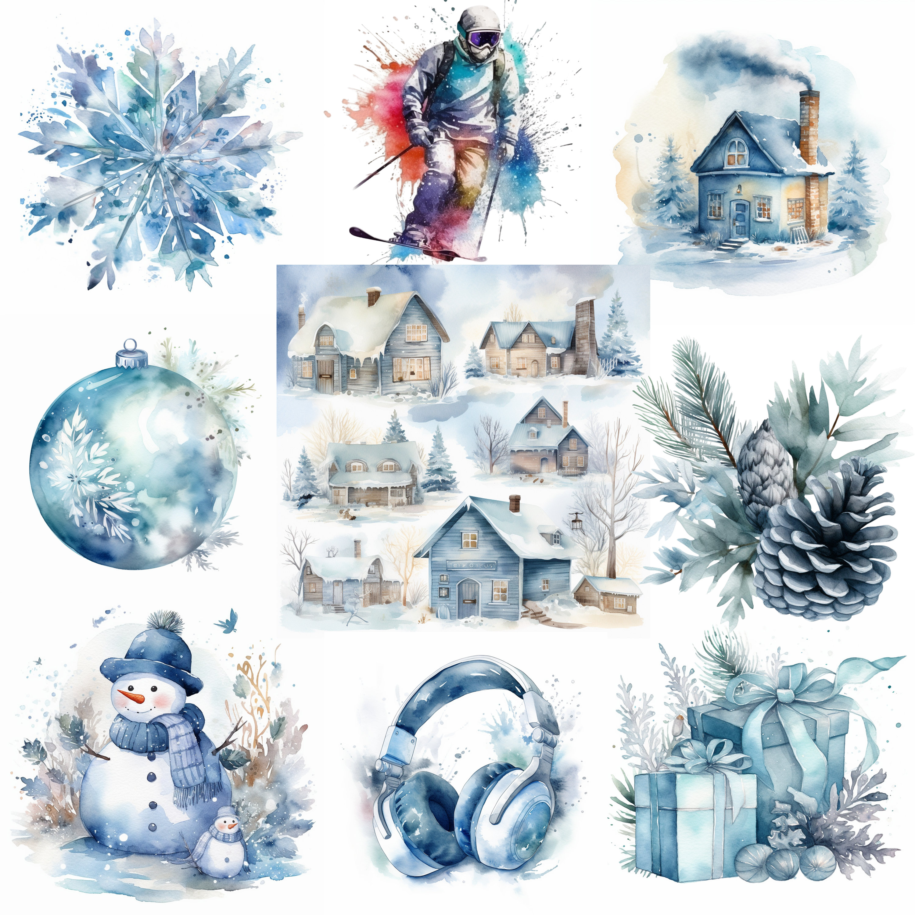 Watercolor Blue Winter Clipart Bundle ,cozy Winter Png,winter Scene ...