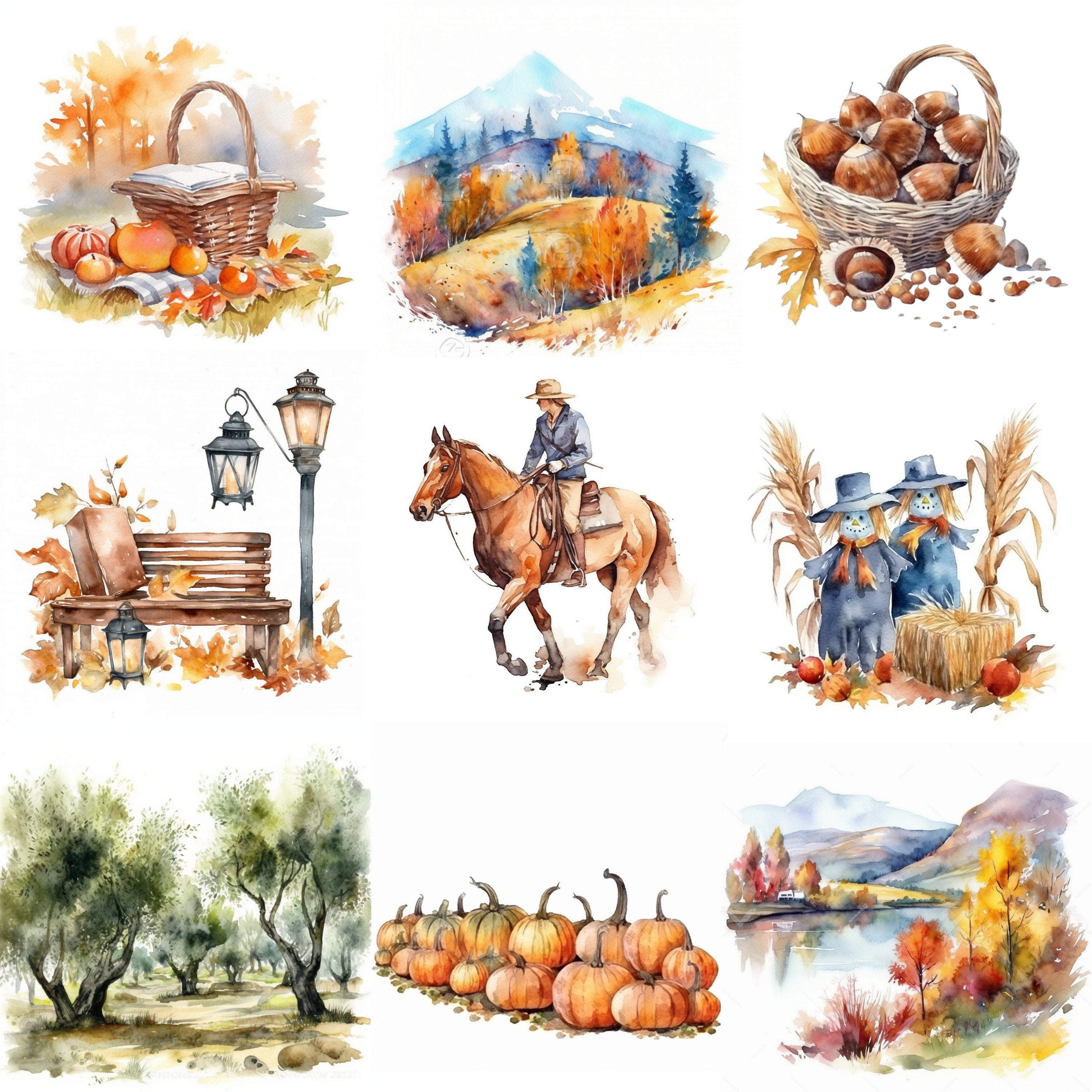 Watercolor Fall Clipart Cute Bundle, Fall Scenes Clipart, Fall Book ...