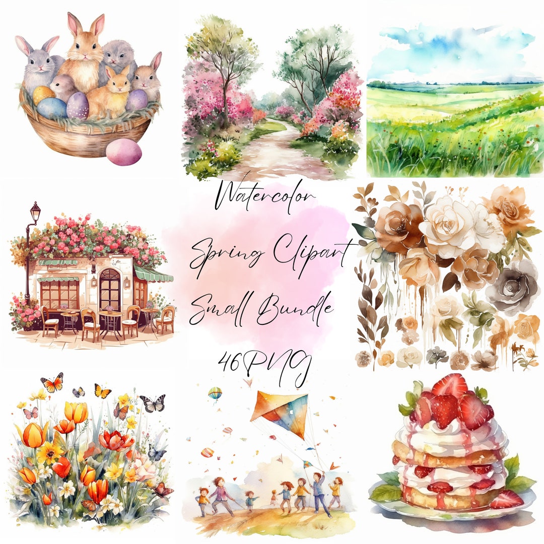 Watercolor Cozy Spring PNG Bundle,spring Clipart Cute,pink Spring ...