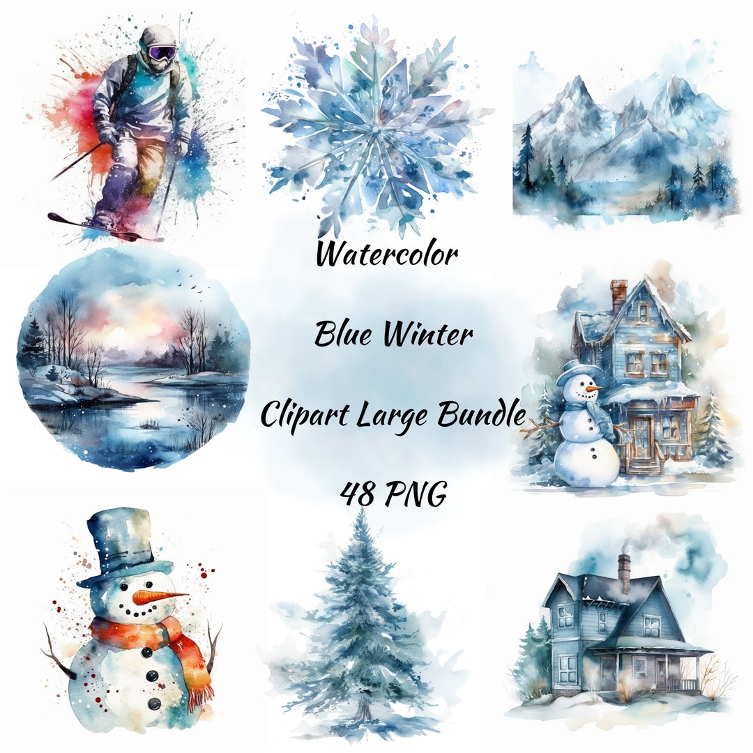 Watercolor Blue Winter Clipart Bundle ,cozy Winter Png,winter Scene ...