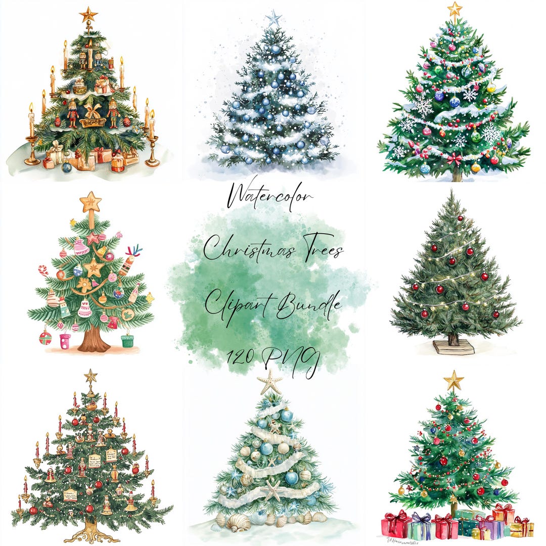 Watercolor Christmas Tree Png Clipart Bundle, Xmas Tree Clipart ...