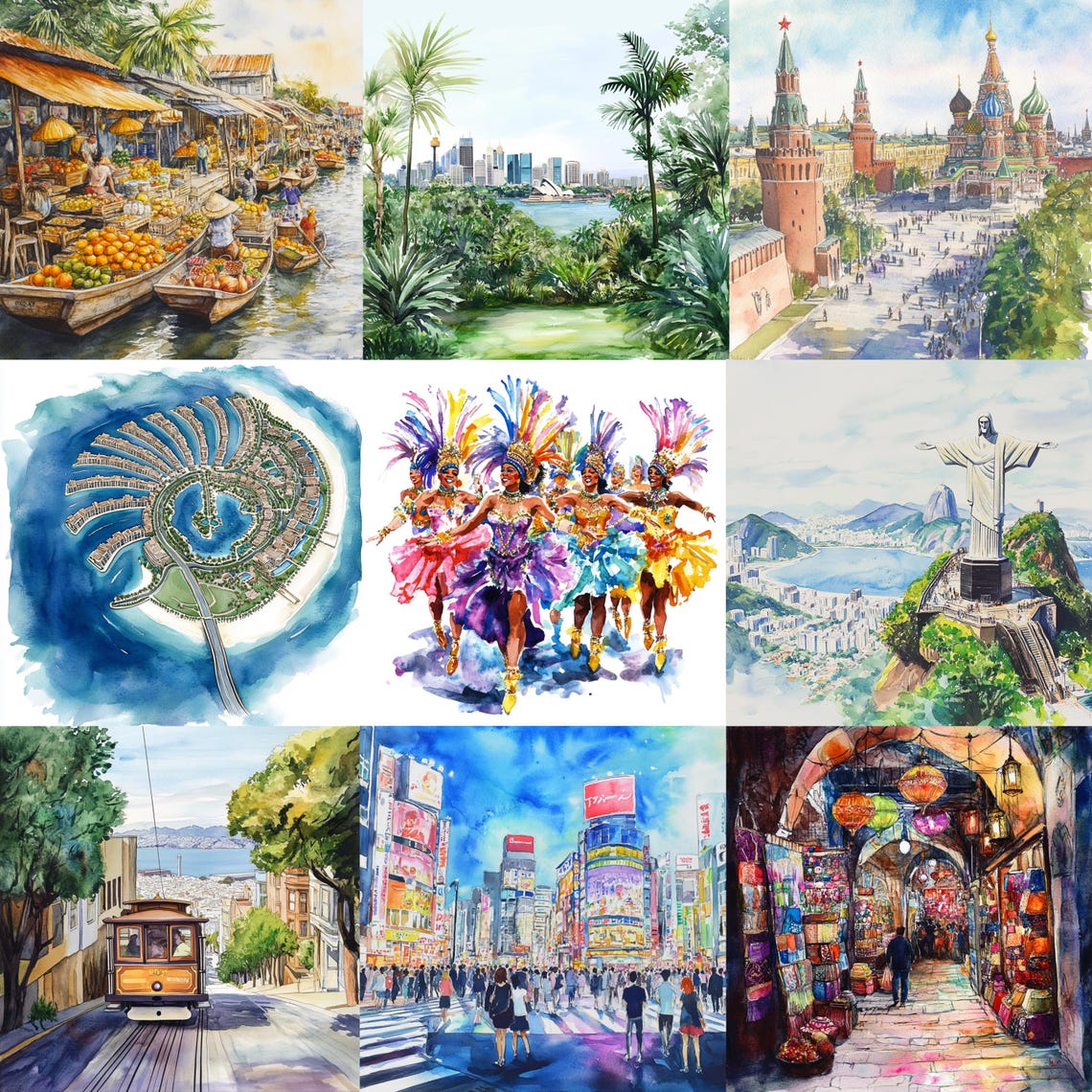 Watercolor Popular Landmarks Clipart Bundle, World Travel Clipart ...