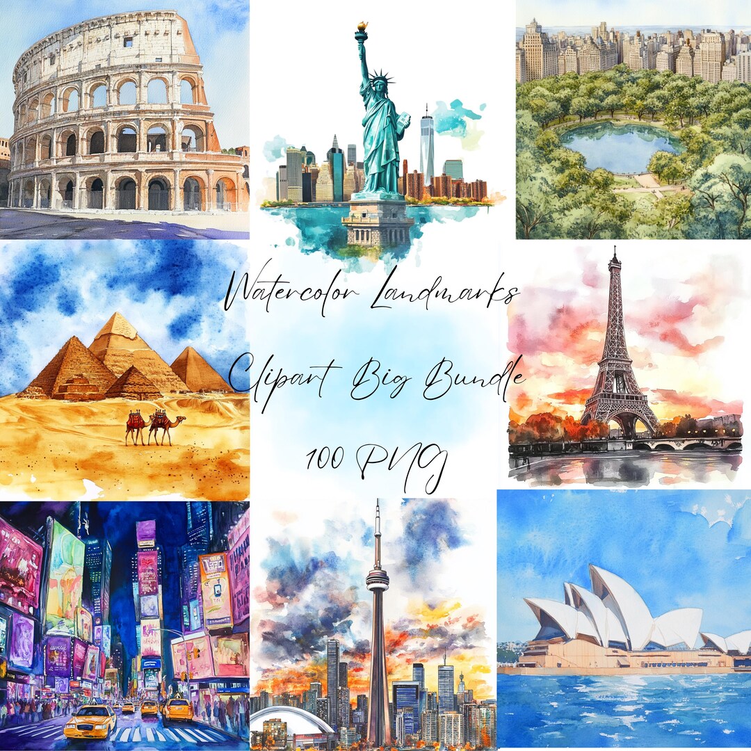 Watercolor Popular Landmarks Clipart Bundle, World Travel Clipart ...