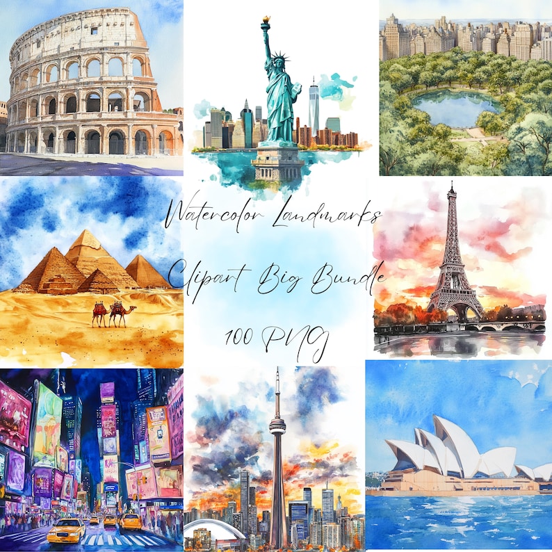 Watercolor Popular Landmarks Clipart Bundle, World Travel Clipart ...