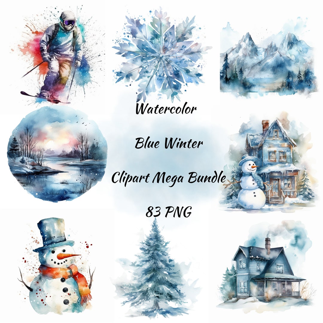 Watercolor Blue Winter Clipart Bundle ,cozy Winter Png,winter Scene ...