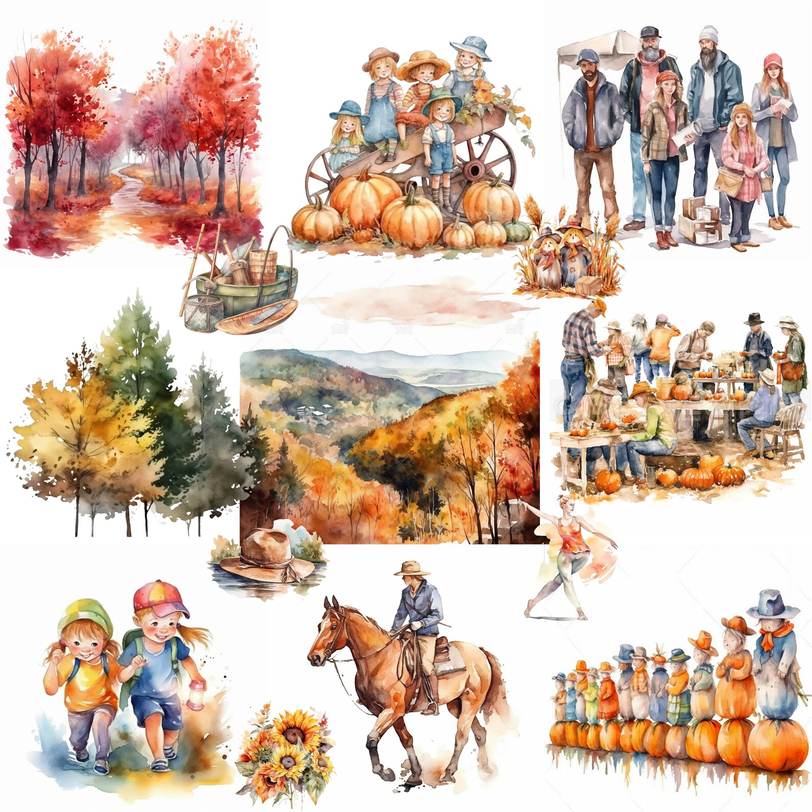 Watercolor Fall Clipart Cute Bundle, Fall Scenes Clipart, Fall Book ...