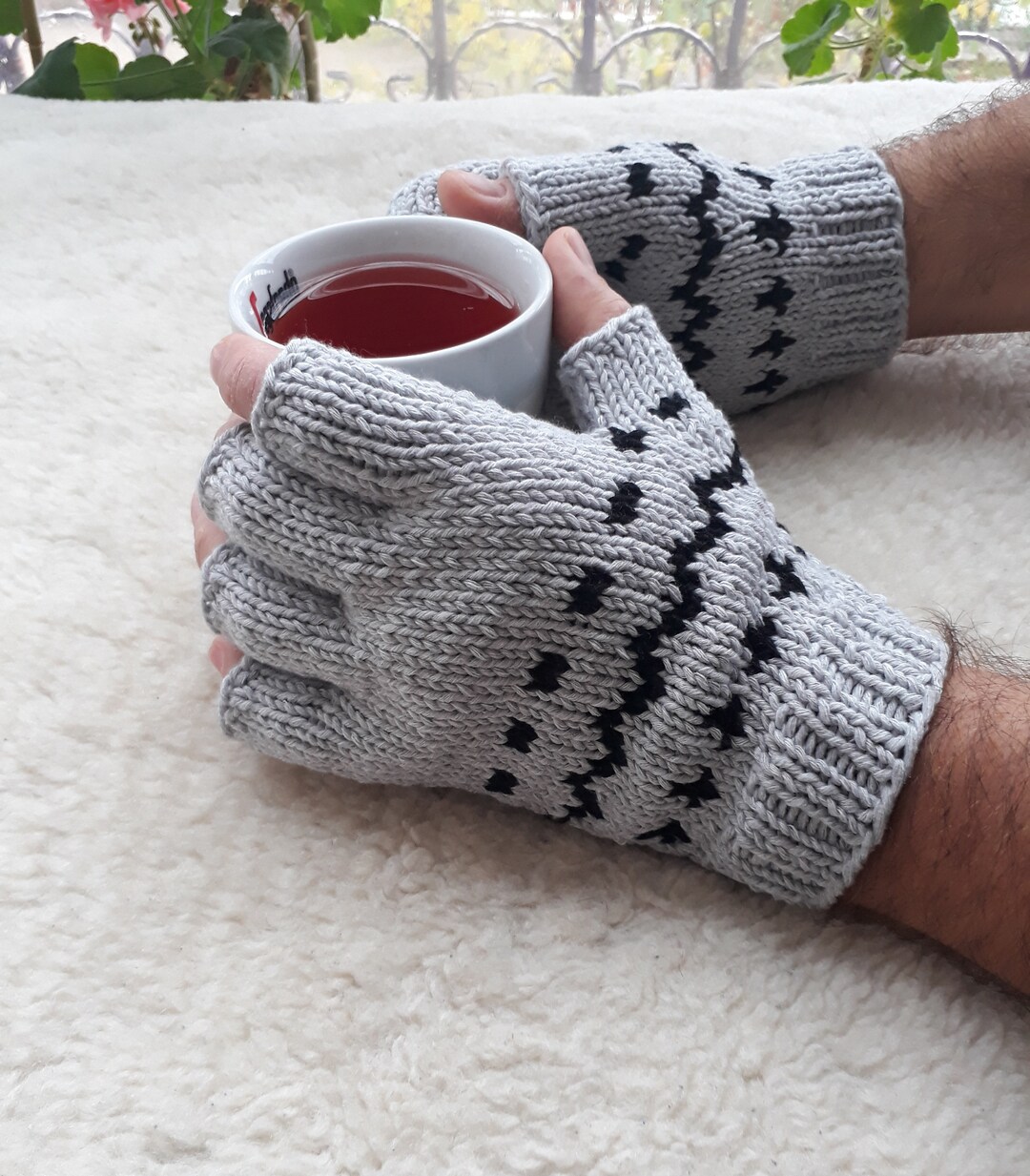Personalized Organic Cotton Men's Gloves Light Gray Handknitted Half ...