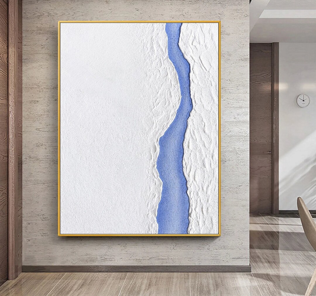 White Abstract Minimalist Painting White Snow and Blue Rivers Abstract ...