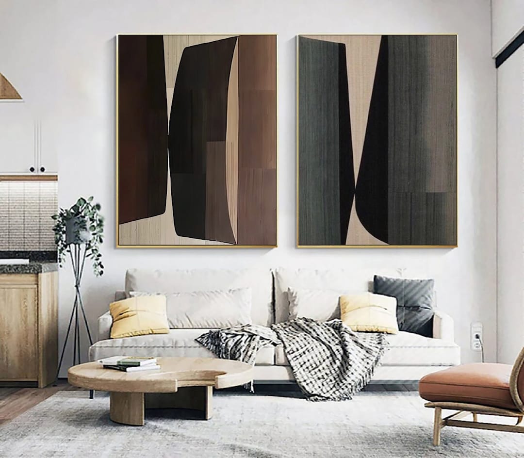 2 Piece Wall Art Framed Canvas Painting Wall Art Set of 2 Black Brown ...
