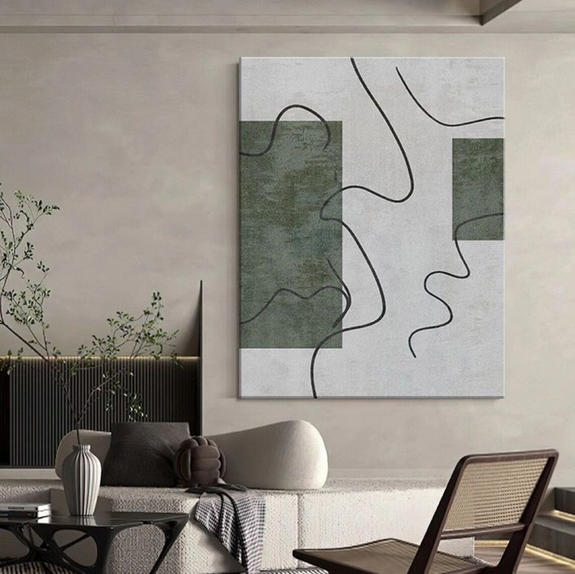White Abstract Painting Large Abstract Painting Green Abstract - Etsy