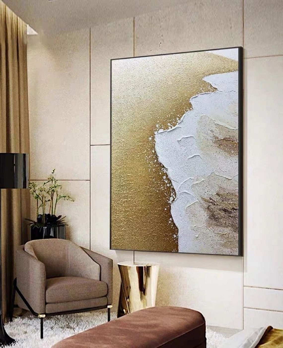 Original White Waves Abstract Paintingwhite 3d Wall Artgold - Etsy