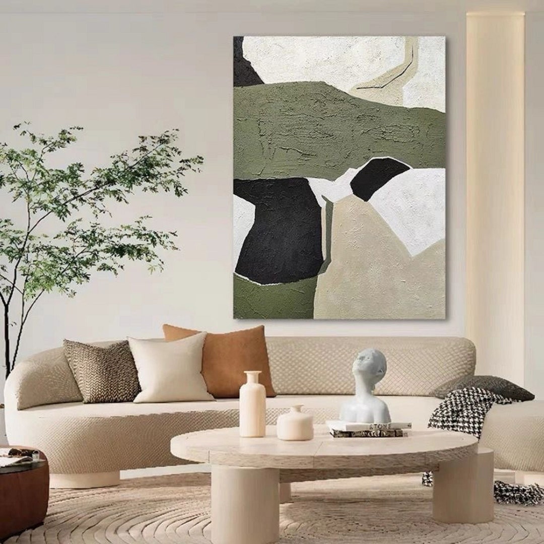 Green and White Abstract Painting on Canvas Wall Art,green Painting,black and White Painting ...