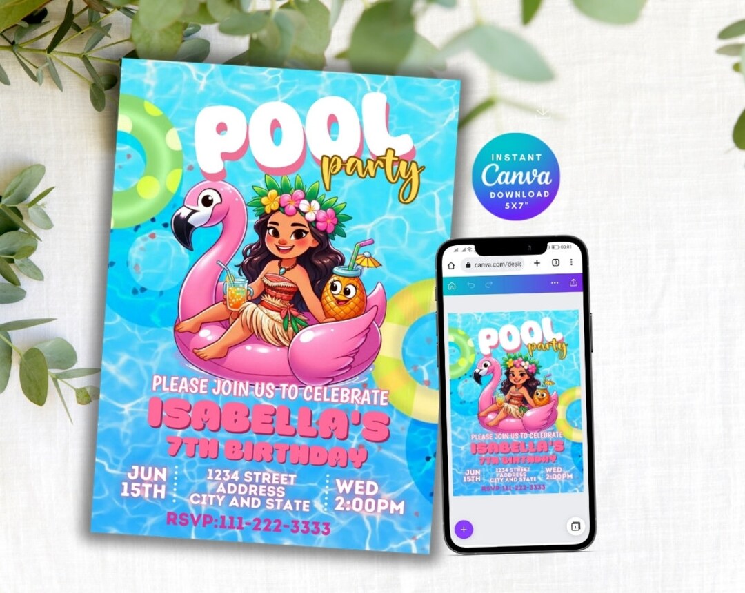Moana Pool Party Invitation & Phone Version for Text Messages, Pool ...