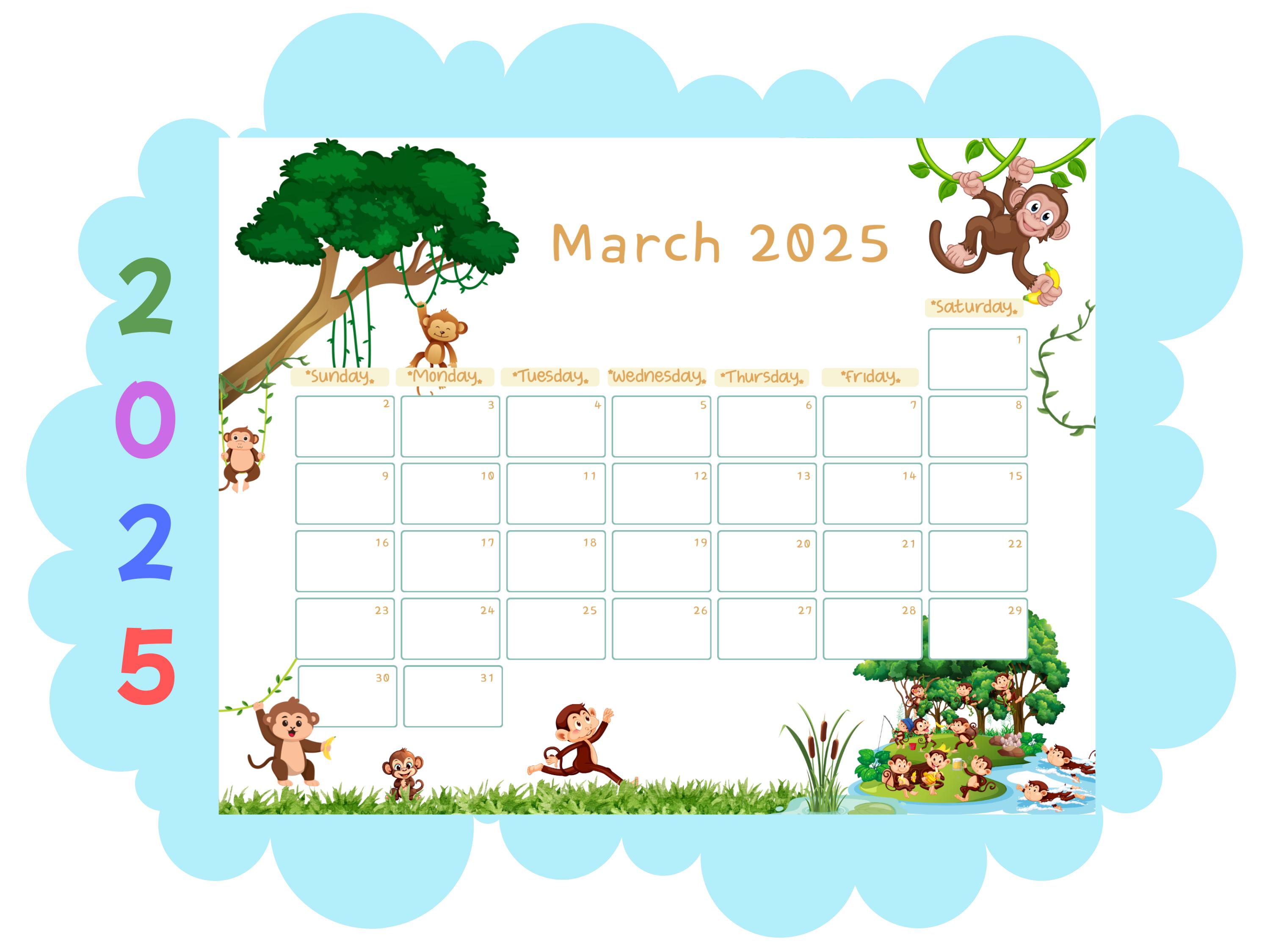 2025 Calendar Printable, Cute Kids Calendar 2025, Wall Calendar for ...