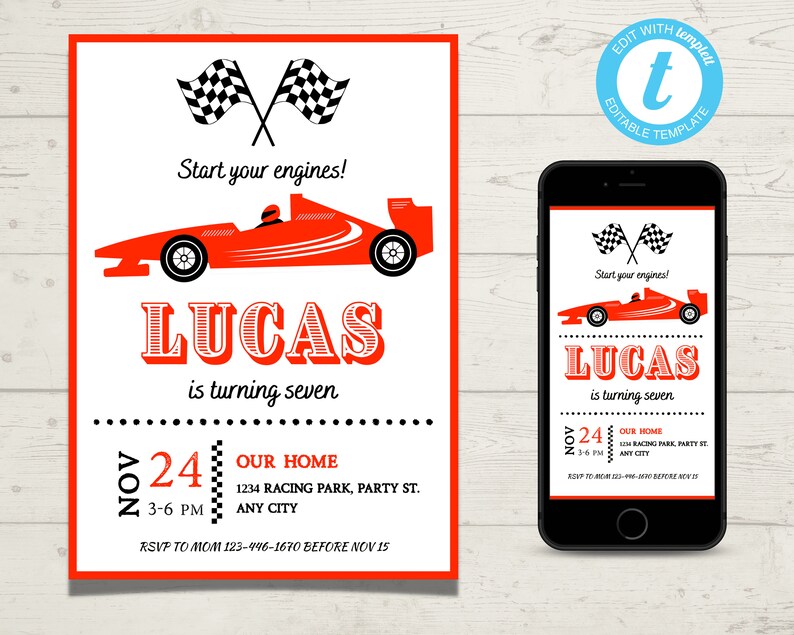 Editable Race Car Birthday Invitation, Fast One Birthday Invitation ...
