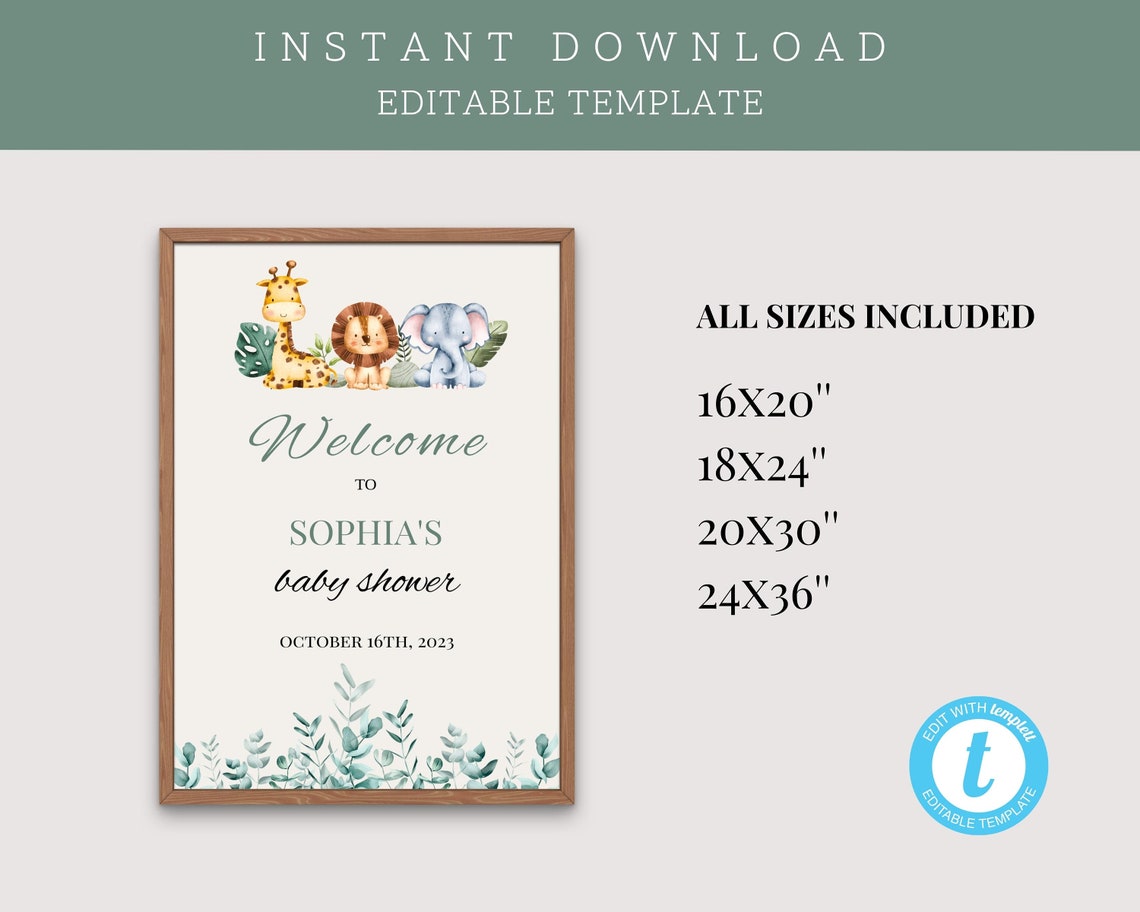 Safari Welcome Sign, Baby Shower Sign, Editable Welcome Sign, Printable ...
