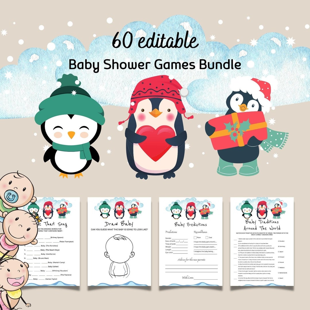 Penguins Baby Shower Game Bundle Editable Baby Shower Games - Etsy