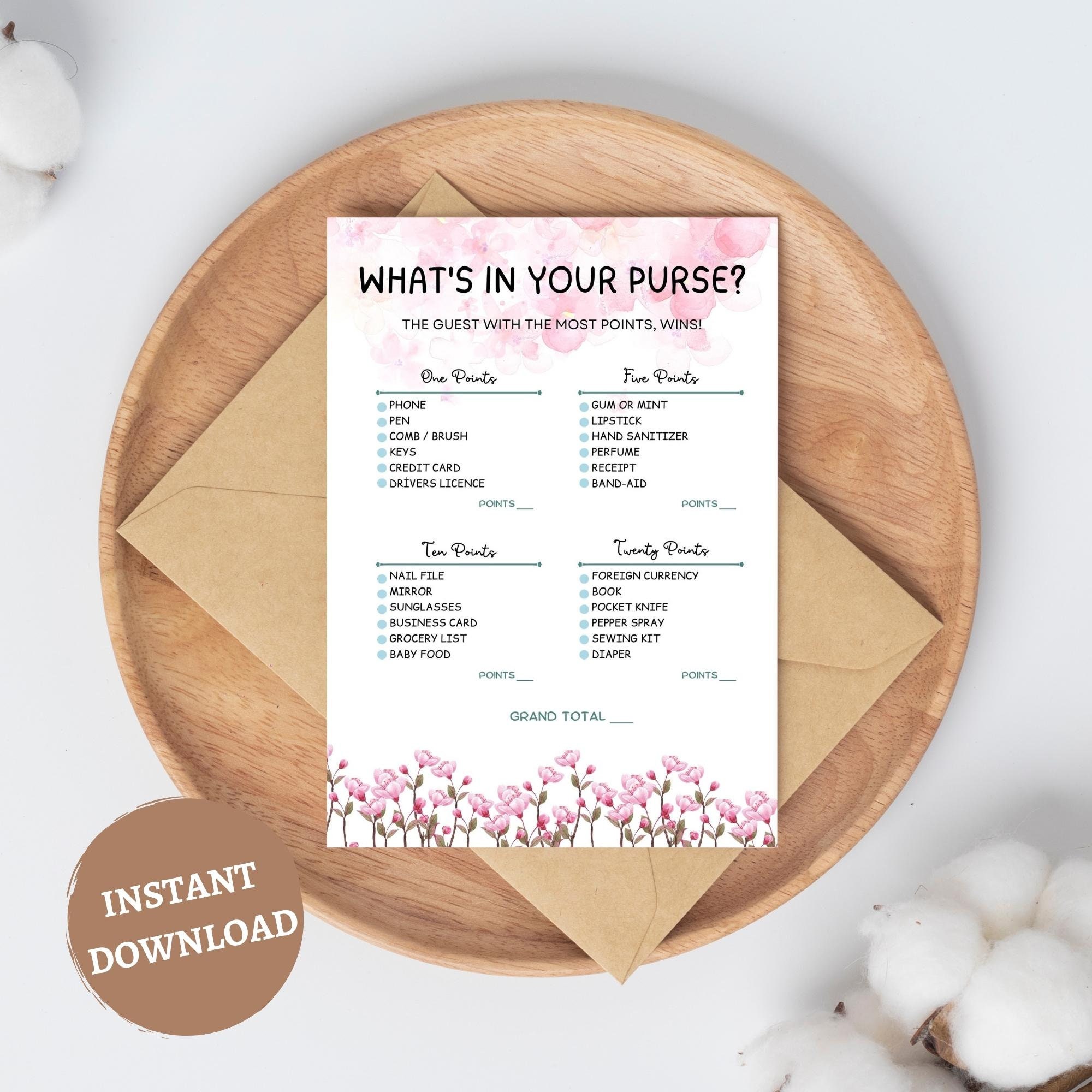 What's in Your Purse Game, Printable Baby Shower Game, Purse Game, Baby ...