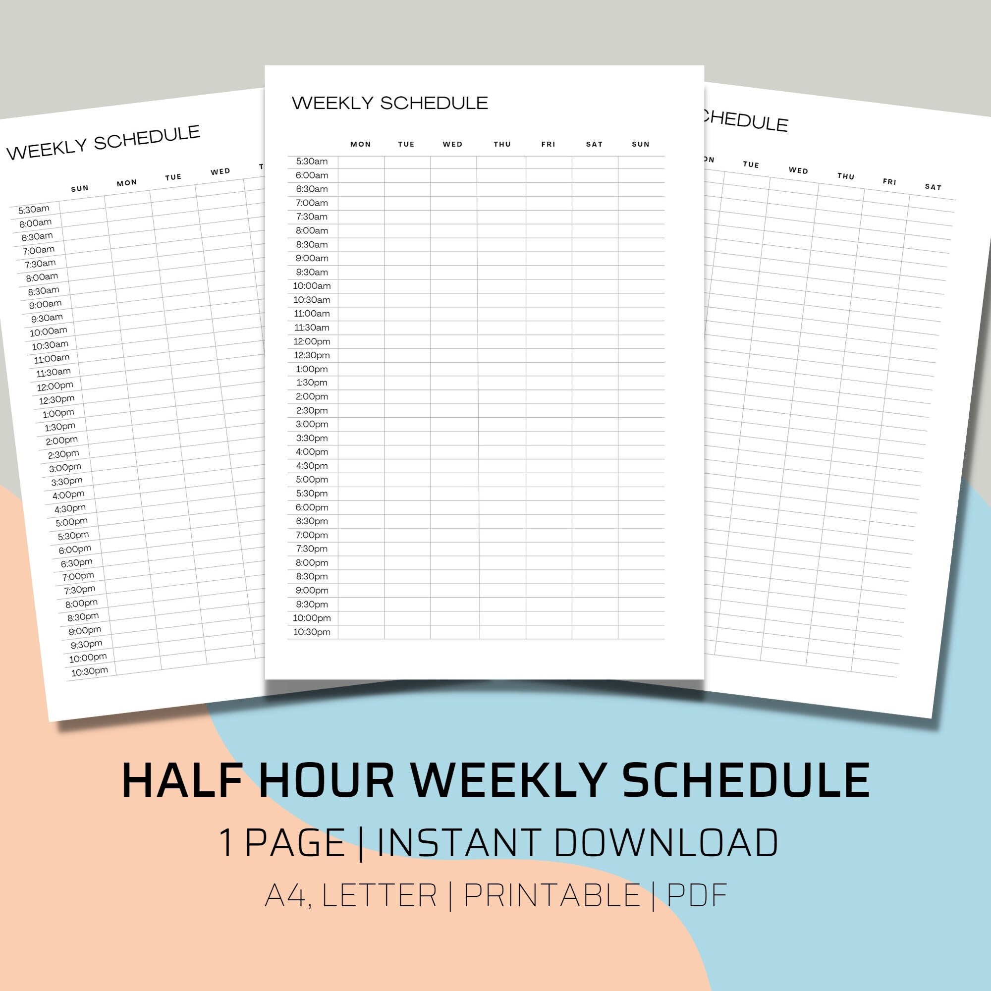 Half Hour Weekly Schedule Weekly Planner Printable - Etsy