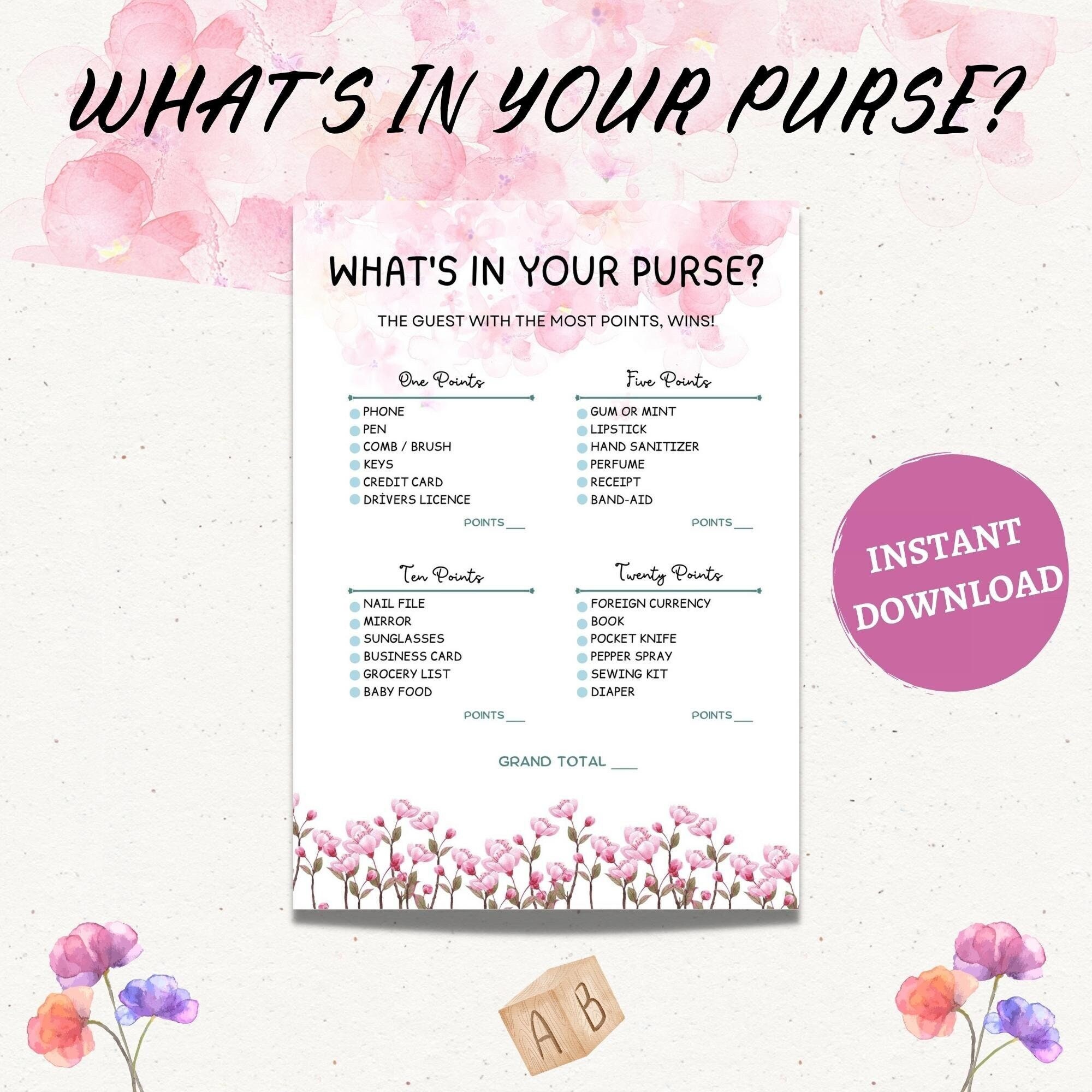 What's in Your Purse Game, Printable Baby Shower Game, Purse Game, Baby ...