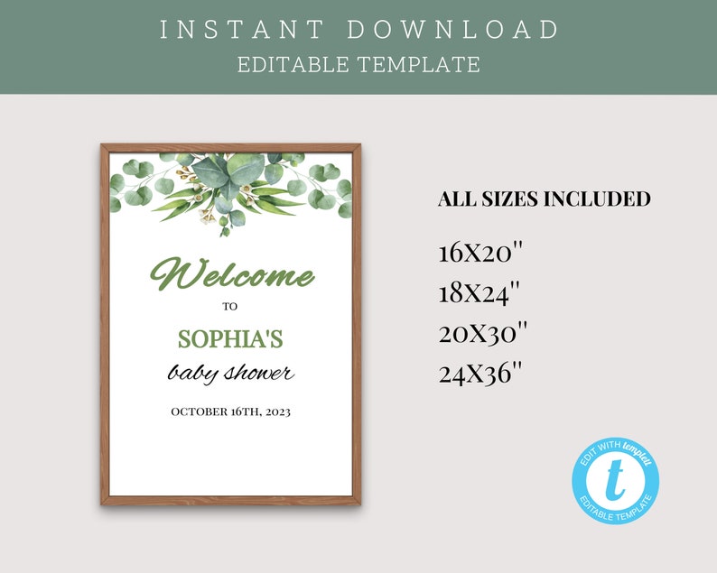 Greenery Welcome Sign, Greenery Baby Shower Sign, Editable Welcome Sign ...