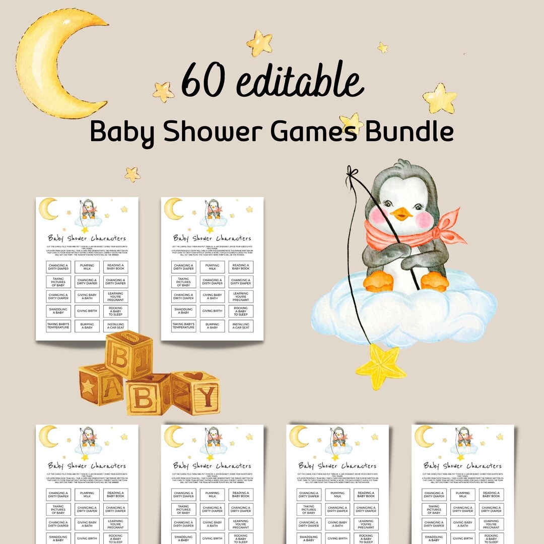 Penguin Baby Shower Game Bundle, Editable Baby Shower Games, Gender ...
