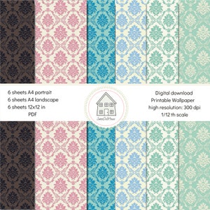 Dollhouse Wallpaper 1:12 Scale Printable Digital Download, Damask ...