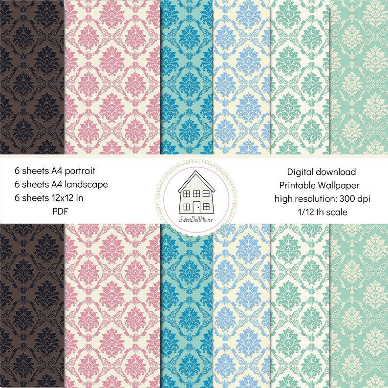 Dollhouse Wallpaper 1:12 Scale Printable Digital Download, Damask ...
