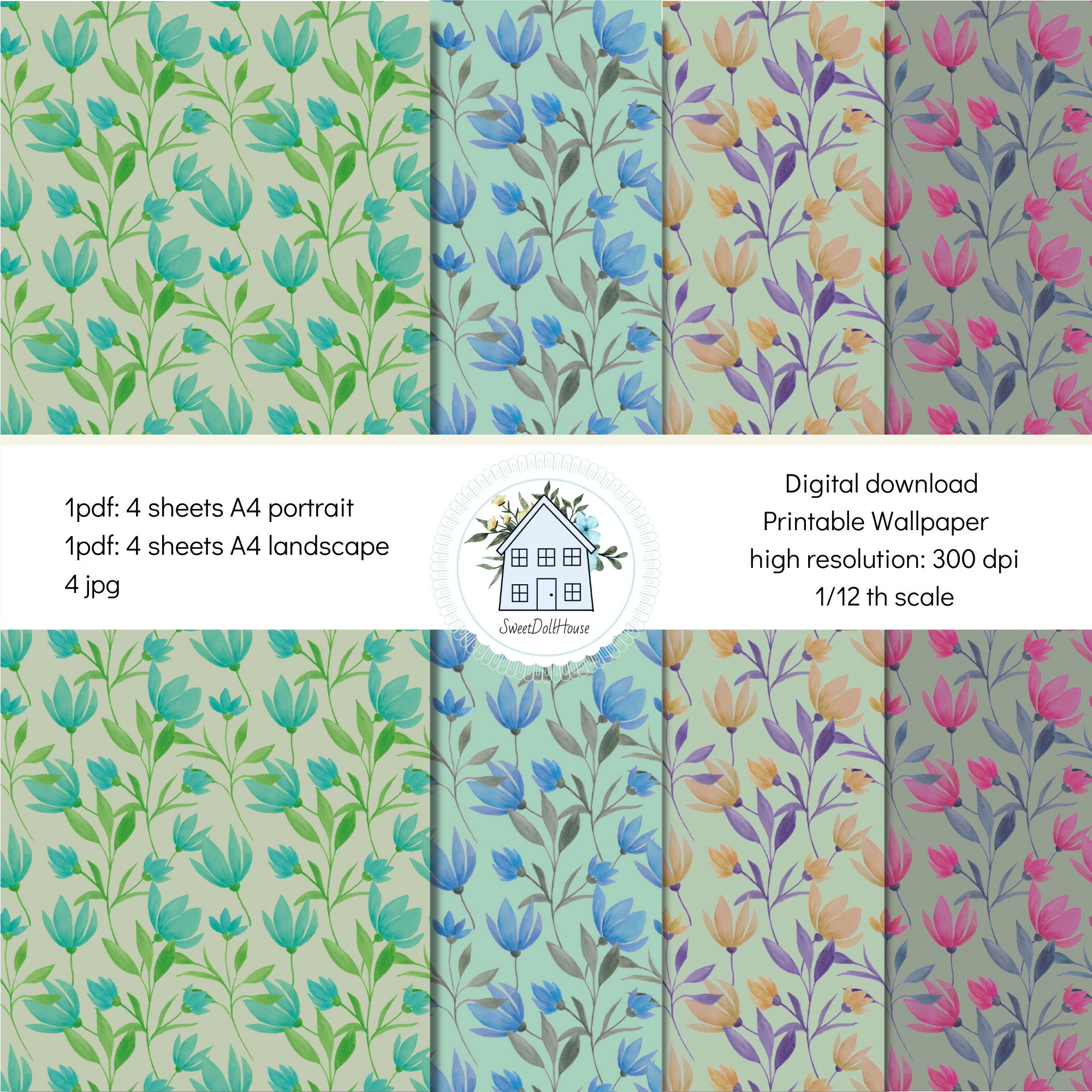 Printable Dollhouse Wallpaper, Floral Miniature Paper, 1:12 Scale ...