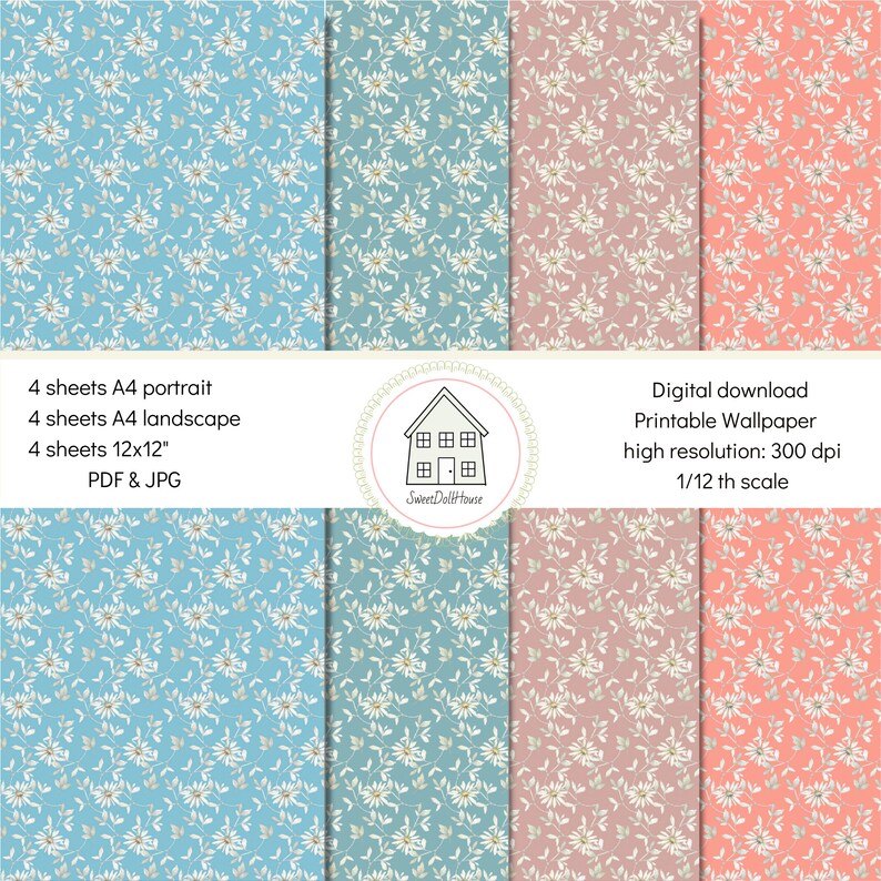 Dollhouse Wallpaper 1:12 Scale Printable Digital Download, Floral ...