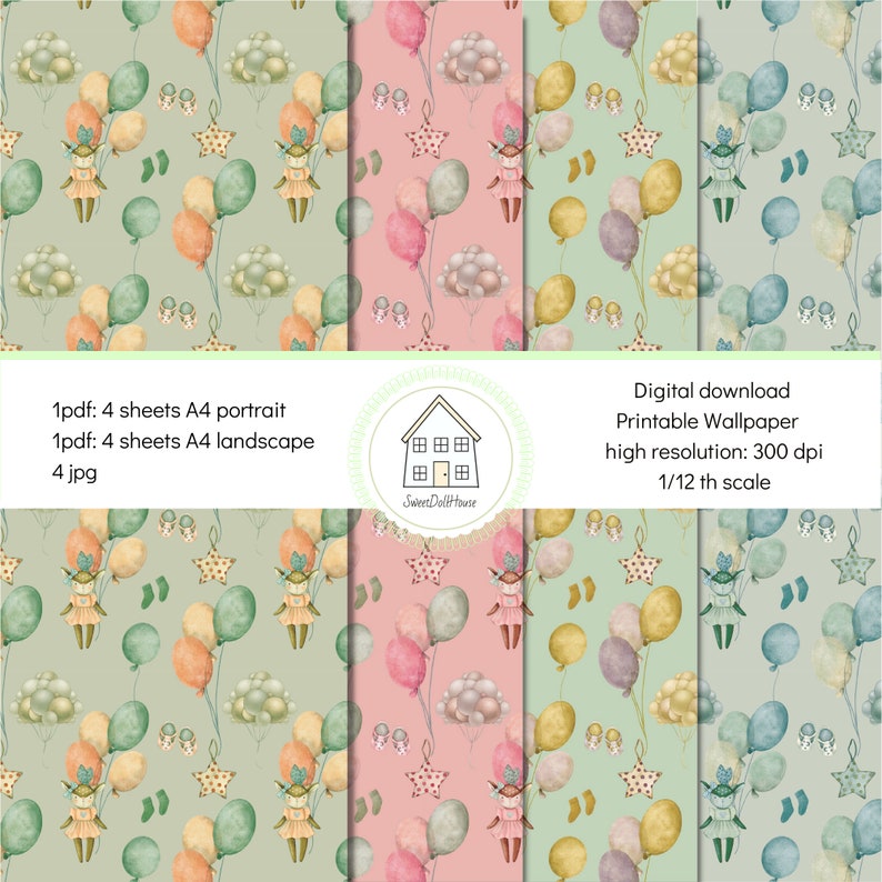 Printable Dollhouse Wallpaper, Balloon Design, 1:12 Scale (digital ...