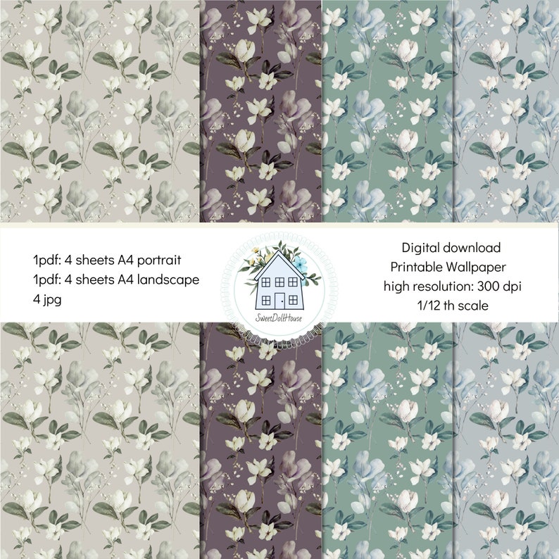 Printable Roses Dollhouse Wallpaper, Miniature 1:12 Scale (digital ...