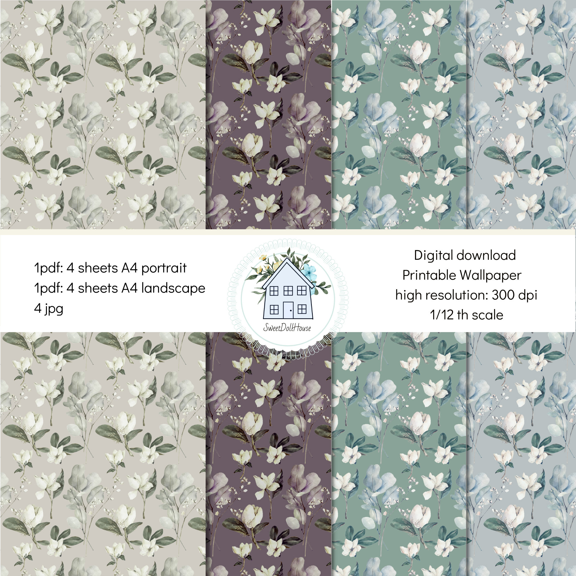 Printable Dollhouse Wallpaper A4 Digital Download, Miniature 1:12 Scale ...