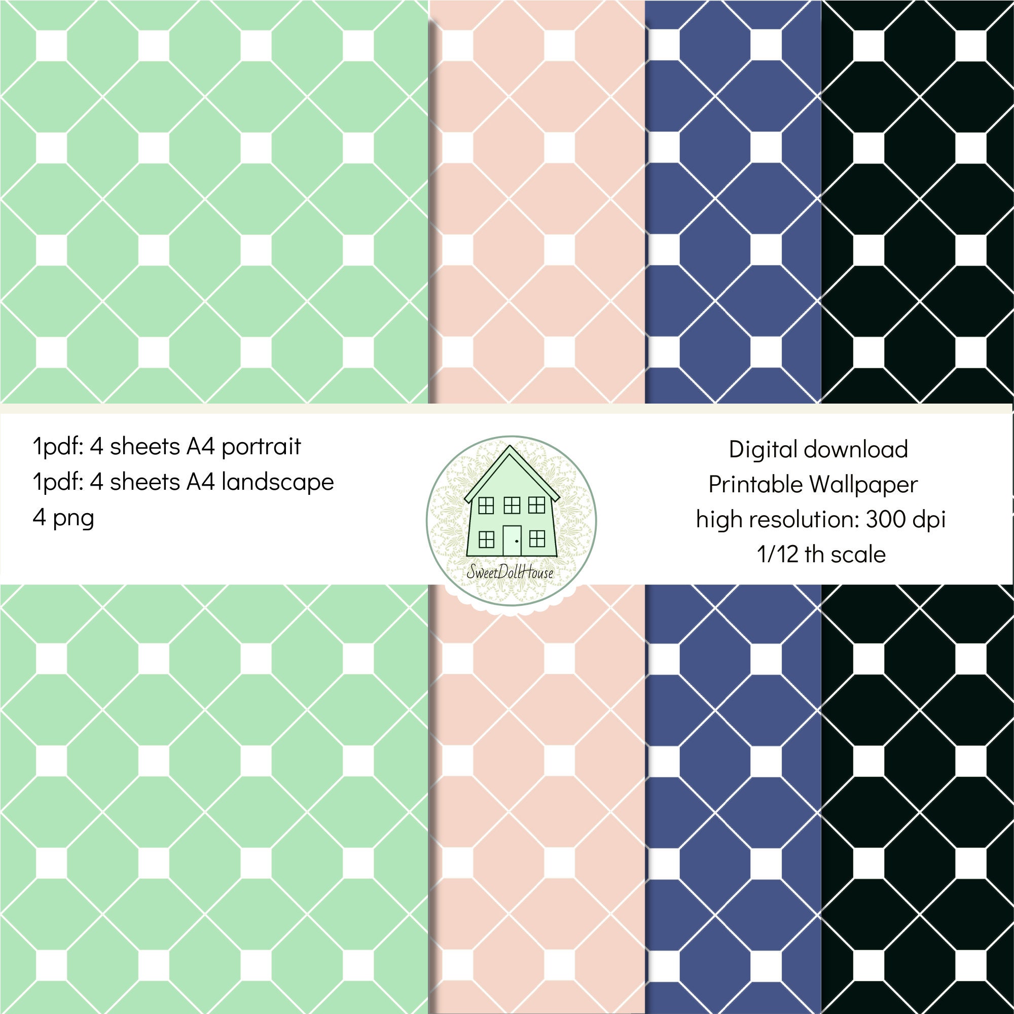 Printable Dollhouse Wallpaper A4 Digital Download, Miniature 1:12 Scale ...