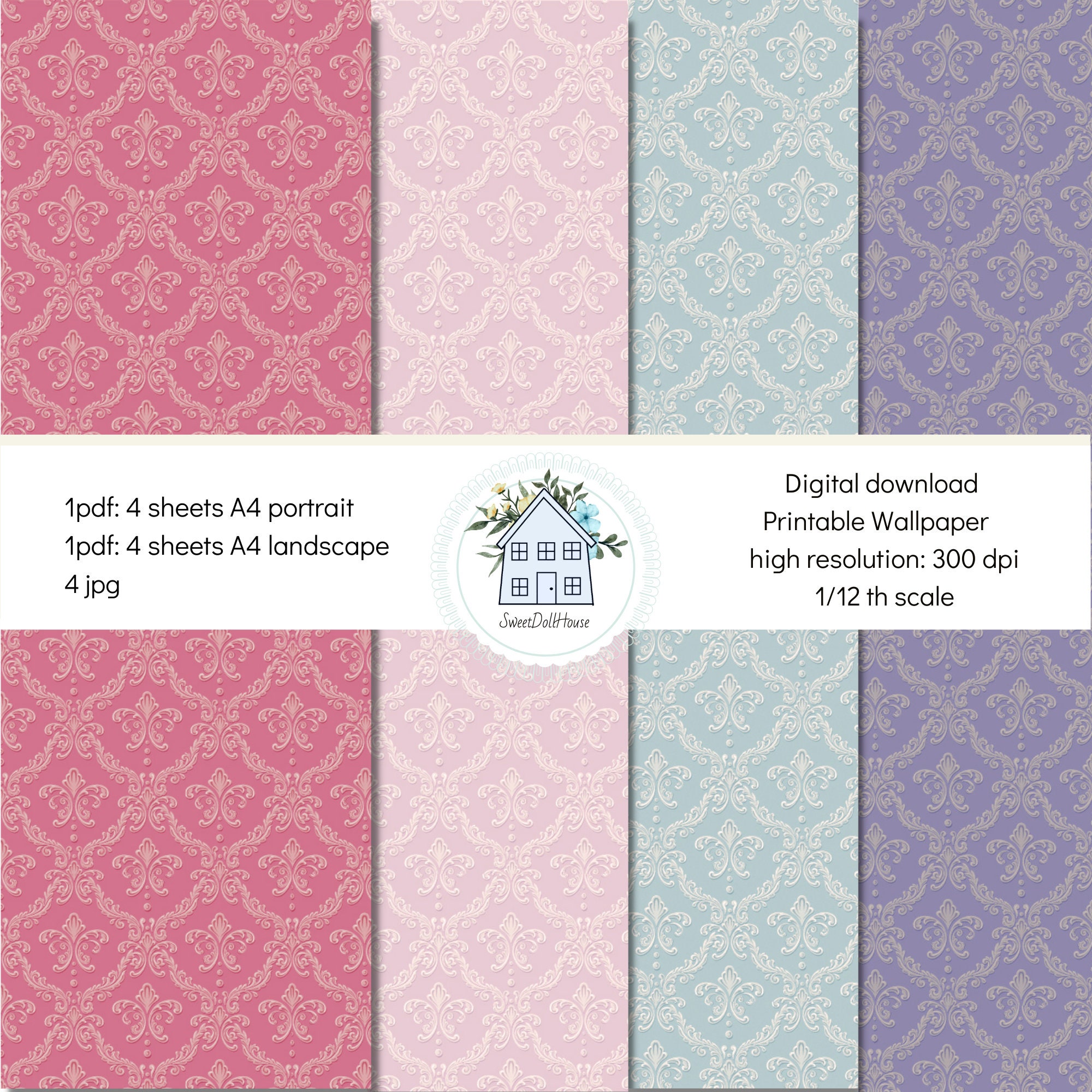 Dollhouse Wallpaper 1:12 Scale Printable Digital Download, Damask ...