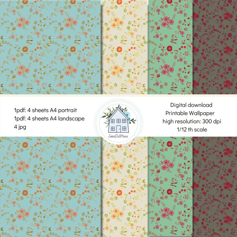 Printable Dollhouse Wallpaper A4 Digital Download, Miniature 1:12 Scale ...