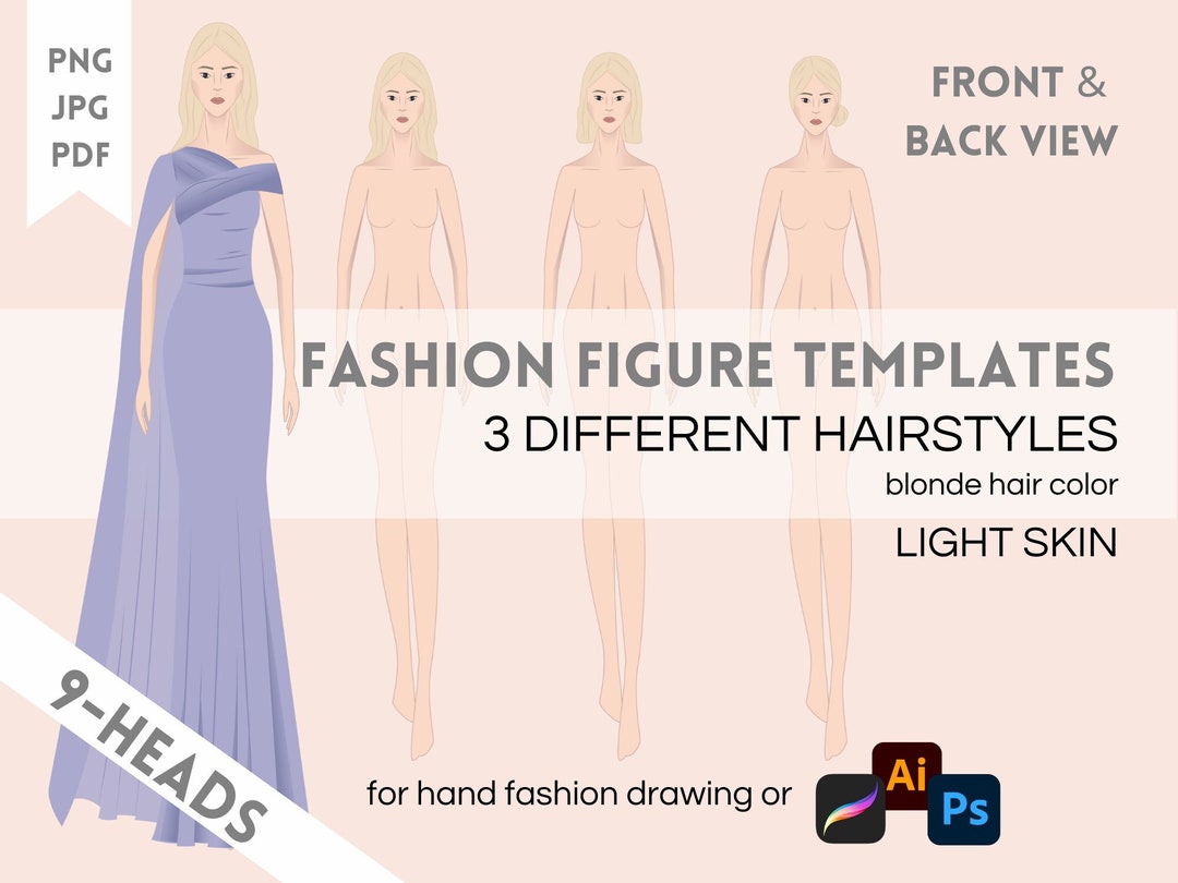 6 Female Fashion Figure Templates, Light Skin Tone, Full Body 9 Head ...