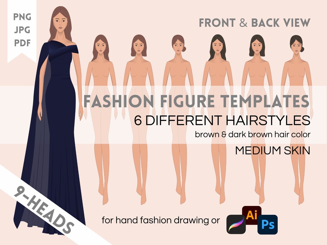 12 Female Fashion Figure Templates, Medium Skin Tone, Full Body 9 Head ...