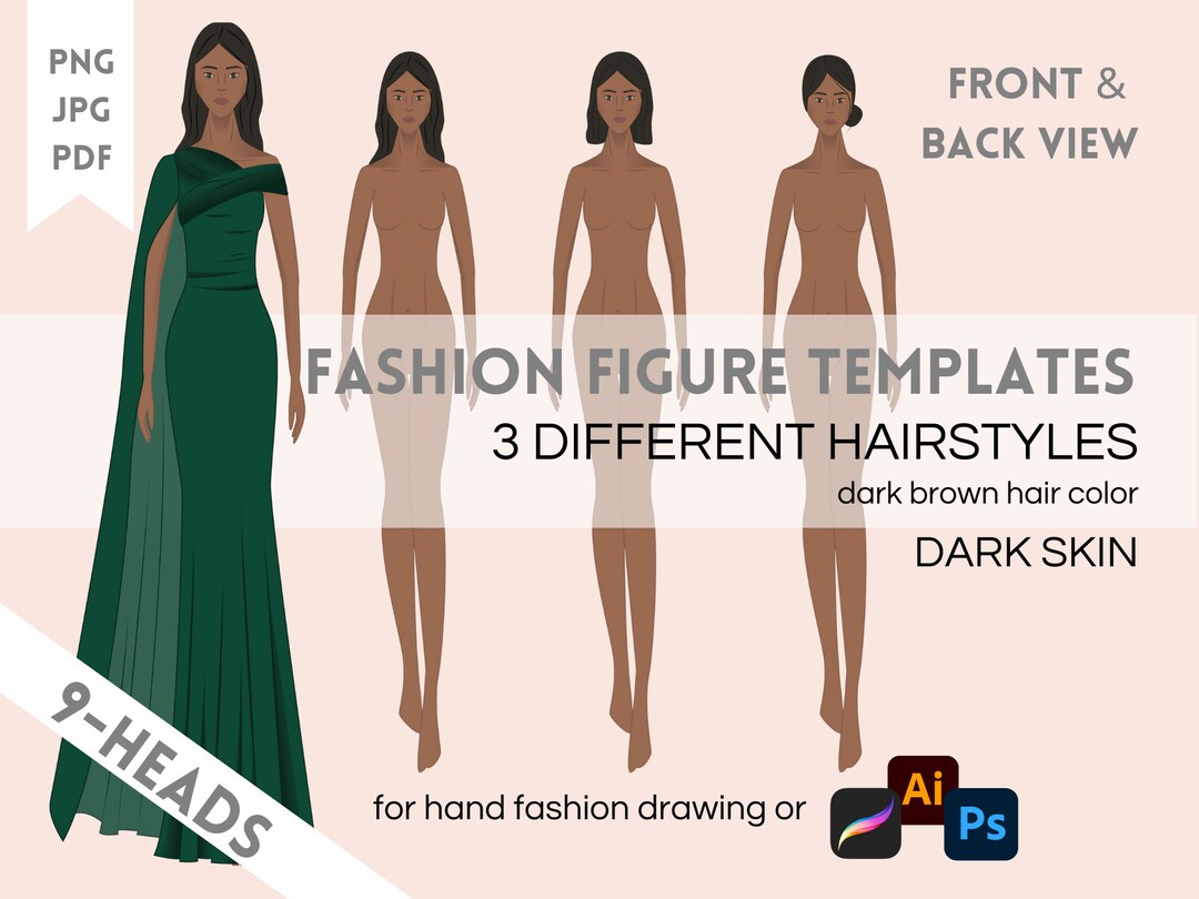 6 Female Fashion Figure Templates, Dark Skin Tone, Full Body 9 Head ...