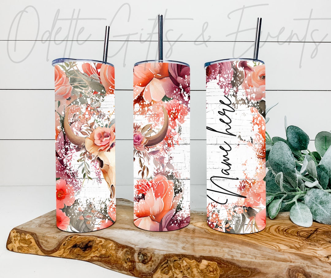 Pink Floral Country Bull Skull Personalised 20oz Metal Insulated ...