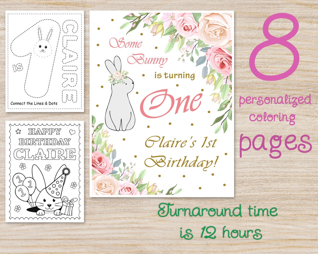 Personalized BUNNY Birthday Party Activity Coloring Pages, Printable ...