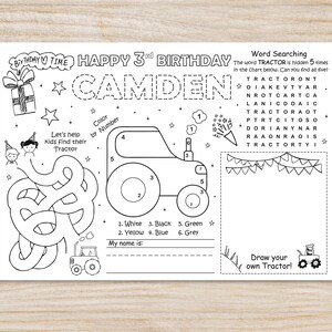 Tractor Birthday Party Coloring Pages, Kids Placemat, Personalised ...